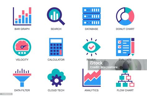 간단한 평면 디자인으로 설정된 웹 아이콘의 데이터 분석 개념입니다 막대 그래프 검색 데이터베이스 도넛 차트 속도 계산기 공개 평가 클라우드 기술 팩 모바일 앱용 벡터