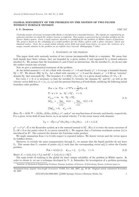 Pdf Global Solvability Of The Problem On The Motion Of Two Fluids Without Surface Tension