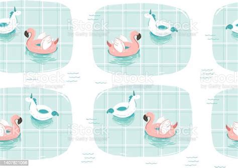 손으로 그린된 벡터 추상 만화 여름 시간 재미 핑크 플라밍고와 유니콘 부 링 블루 수영장 질감 흰색 배경에 고립 된 그림 개념에 대한 스톡 벡터 아트 및 기타 이미지