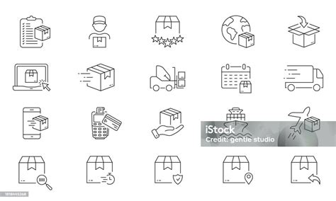 물류 및 유통 라인 아이콘 세트 화물 배달 표시입니다 소포 상자 운송 선형 픽토그램 국제 상품 개요 기호입니다 편집 가능한 획