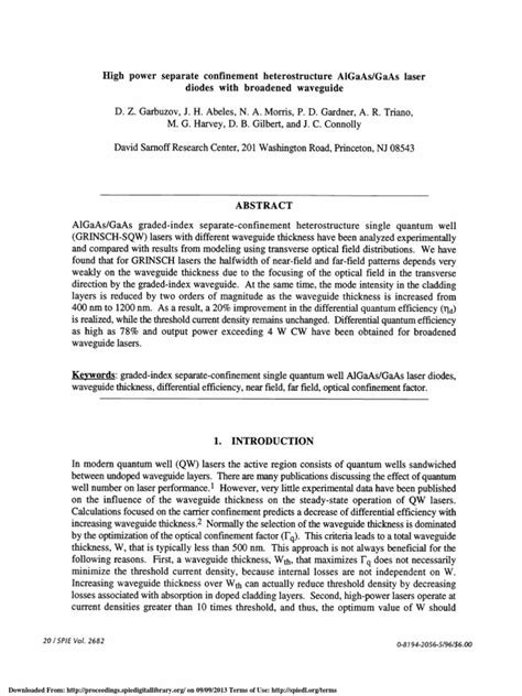 Garbuzov1996 High Power Separate Confinement Heterostructure Algaas Gaas Laser Diodes With