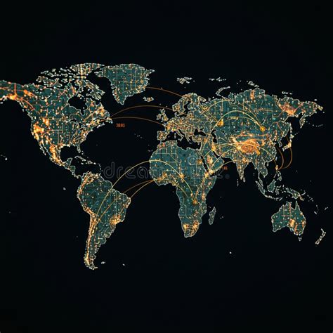 A Stylized World Map Illuminated With Interconnected Orange Lines And Dots Stock Illustration