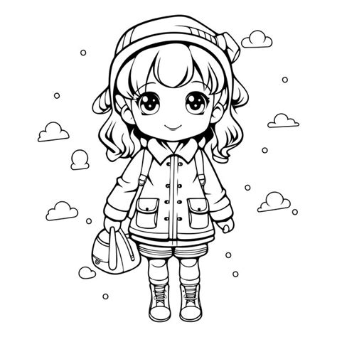 겨울 의 옷 을 입은 귀여운 만화 소녀 의 색채 페이지 대략 프리미엄 벡터