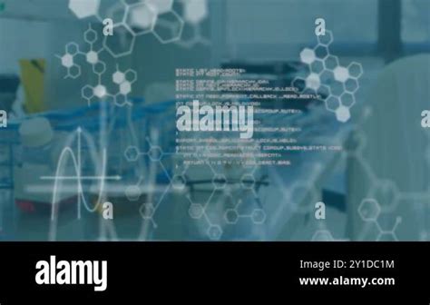 animating hexagonal molecular structures and scientific data over laboratory background science