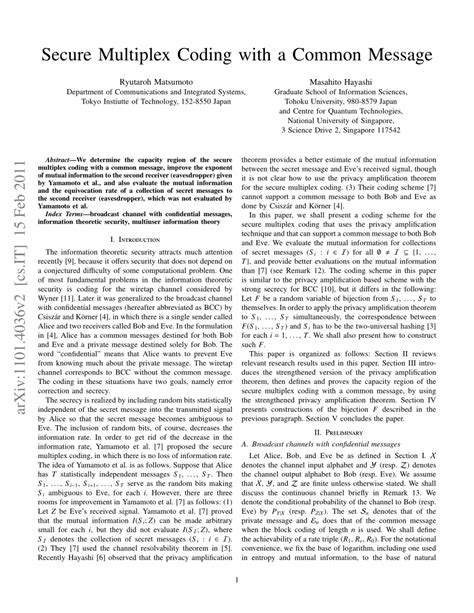 Pdf Secure Multiplex Coding With A Common Message