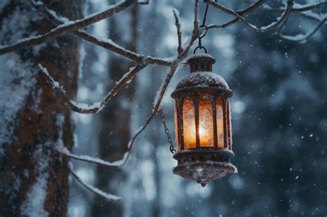 Premium AI Image A Lamp In A Snowy Forest With A Snow Covered Tree Branch
