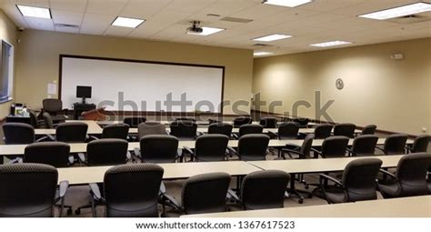 Wide Classroom Long Tables Rolling Chairs Stock Photo 1367617523 Shutterstock