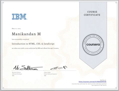 completed html css and javascript course on coursera m manikandan