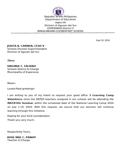 Nlc School S Letter Of Intent Sta Irene Ces Pdf