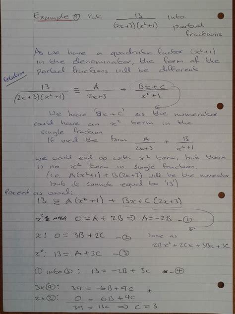 A Level Maths Notes A2 Partial Fractions Quadratic Factor In Denominator