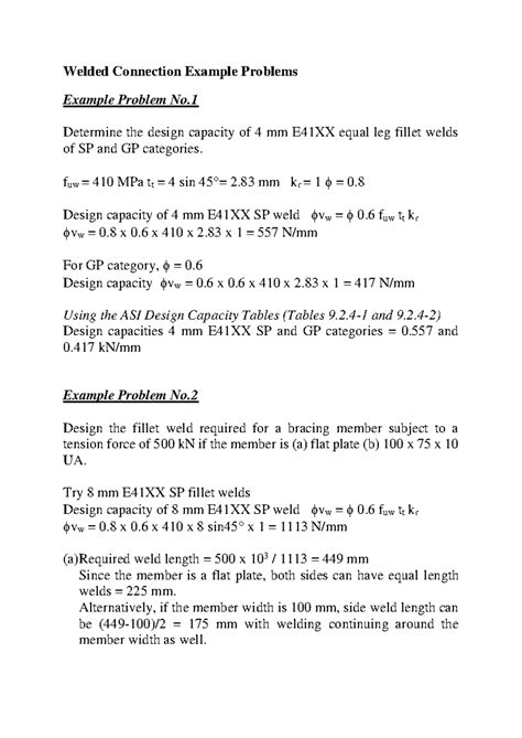 Welded Connections Example Problems For E41xx Sp Category Studocu