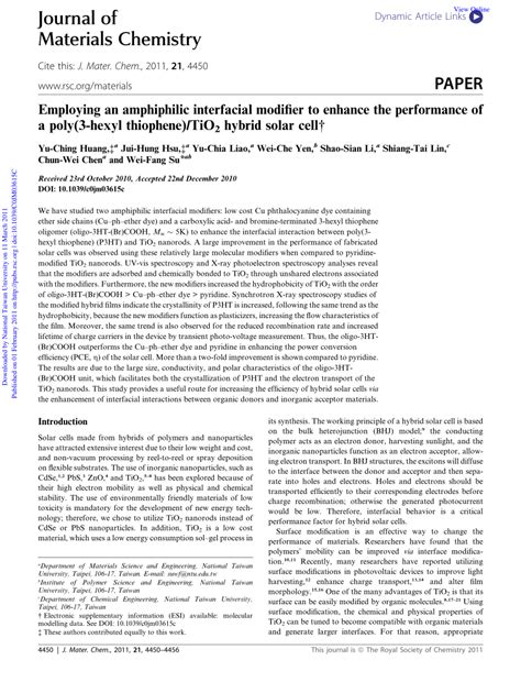 Pdf Employing An Amphiphilic Interfacial Modifier To Enhance The Performance Of A Poly3 Hexyl