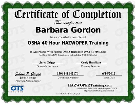 40 Hour Hazwoper Training Certificate