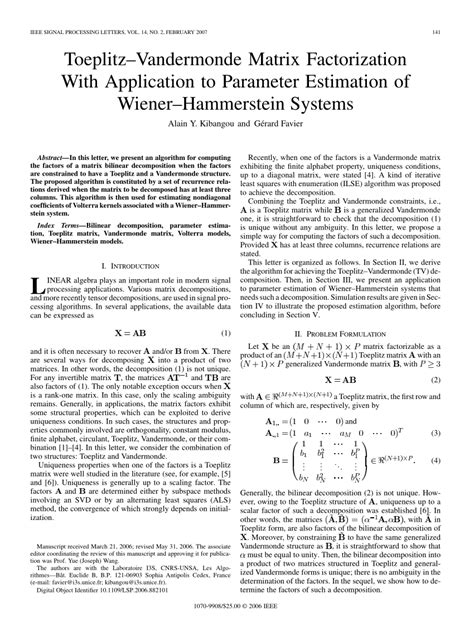 Pdf Toeplitzvandermonde Matrix Factorization With Application To