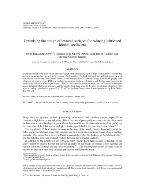 Pdf Optimising The Design Of Textured Surfaces For Reducing Lubricated Friction Coefficient