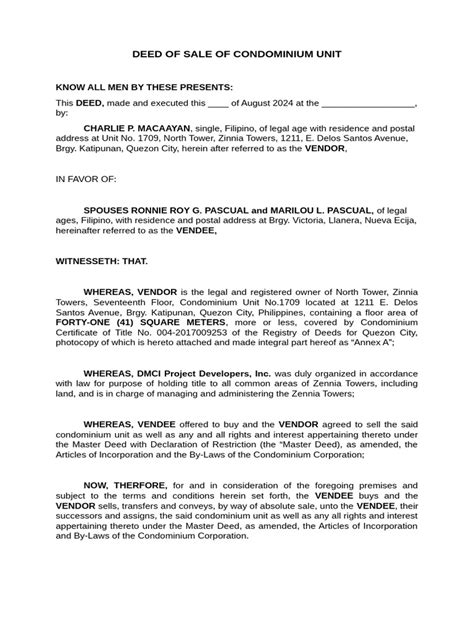 Deed Of Sale Condo Unit In Quezon City Pdf Condominium Property Law