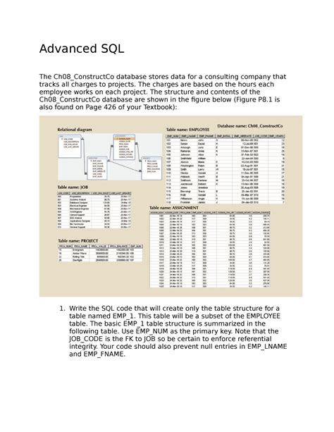 lab 008 question sheet advanced sql the ch08 constructco database