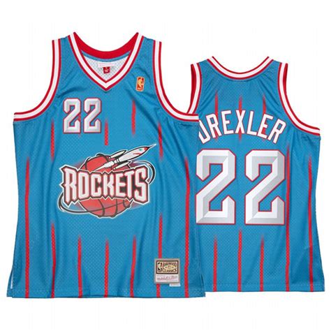 Men Houston Rockets 22 Clyde Drexler Light Blue Pinstripe Mitchell