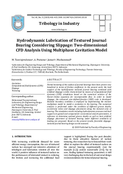 Pdf Hydrodynamic Lubrication Of Textured Journal Bearing Considering