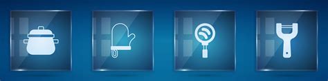 조리 냄비 오븐 장갑 프라이팬 및 야채 필러를 설정합니다 정사각형 유리 패널 벡터 가정 생활에 대한 스톡 벡터 아트 및 기타 이미지 가정 생활 가정 주방 가정의 방
