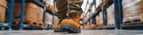 The Close Up View Of Worker Walking In Warehouse While Wear Safety