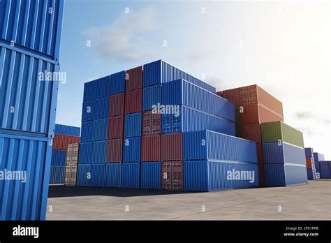 Warehouse Of Stacked Cargo Standard Containers For Temporary Storage Loading Unloading And