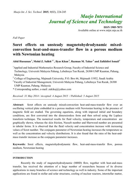 Pdf Soret Effects On Unsteady Magnetohydrodynamic Mixed Convection