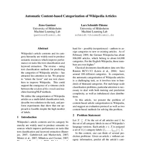 Automatic Content Based Categorization Of Wikipedia Articles Acl