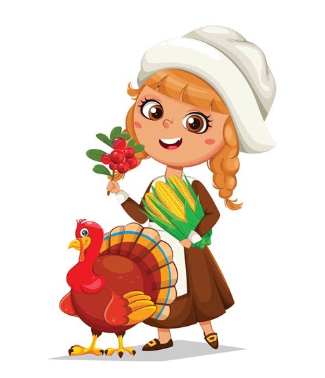 Happy Thanksgiving Pilgrim Girl And Turkey Bird 11935398 Vector Art At