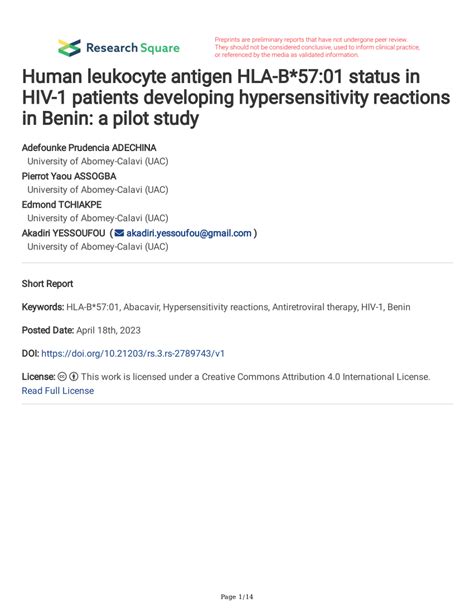 Pdf Human Leukocyte Antigen Hla B 57 01 Status In Hiv 1 Patients Developing Hypersensitivity