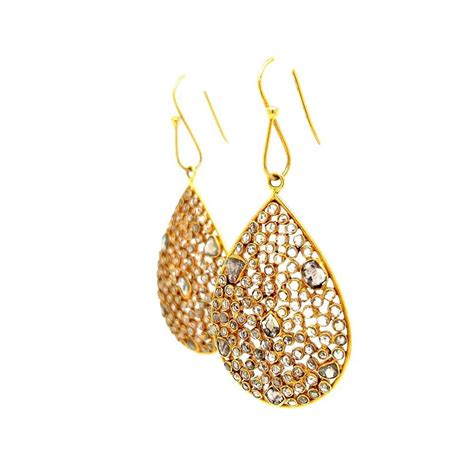 Vintage Rose Cut Diamond Pear Shape Gold Cluster Drop Earrings For Sale