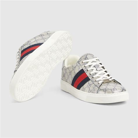 Mens Gucci Ace Sneaker With Web In Beige And Blue Gg Supreme Gucci® Us