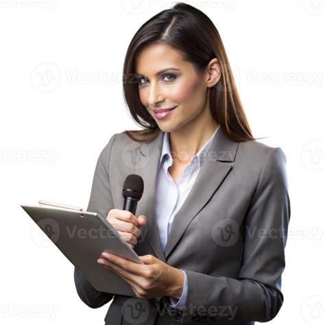 Female Journalist Interviewing With A Microphone And Notepad