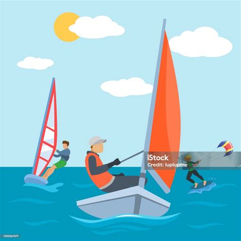 바다에서 물 스포츠 연 및 서핑 활동 벡터 일러스트 극단적 인 서퍼 사람들 캐릭터는 여름 해변에서 활발한 재미를 가지고 남자에 대한 스톡 벡터 아트 및 기타 이미지 Istock