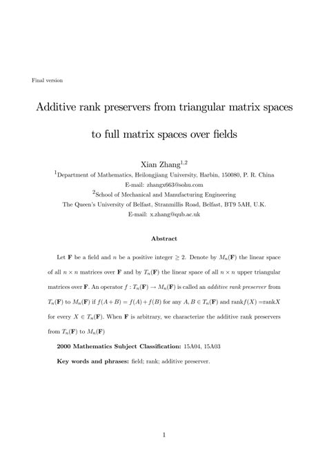 Pdf Additive Rank Preservers From Triangular Matrix Spaces To Full Matrix Spaces Over Fields