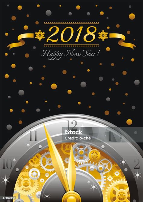 새 해 복 많이 받으세요 2018은 골든 아이콘 아이콘입니다 벡터 포스터 시계 기어와 휴가 추상 디자인 서식 파일 빈티지 기호 소용돌이 패턴 배너 문자 텍스트 까만 밤 하늘
