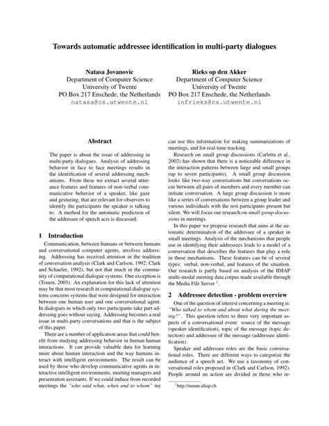 Pdf Towards Automatic Addressee Identification In Multi Party Dialogues