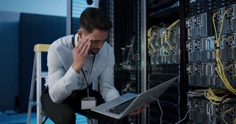 Man Working And Headache From Programming With Data On Pc In Server
