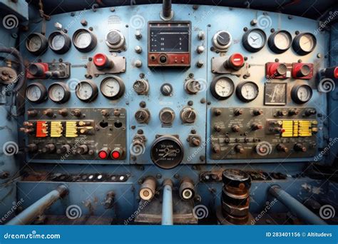 Close Up Of Submarine Control Panel With Buttons And Switches Stock