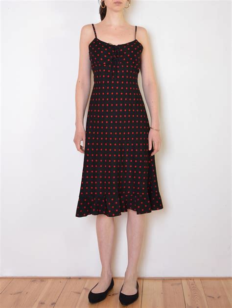 90s Polka Dot Dress Tie Up Strappy Dress With Frill Black And Red
