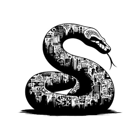 Silhouette Of Python Filled With Graffiti Street Wall In Rough Drawing