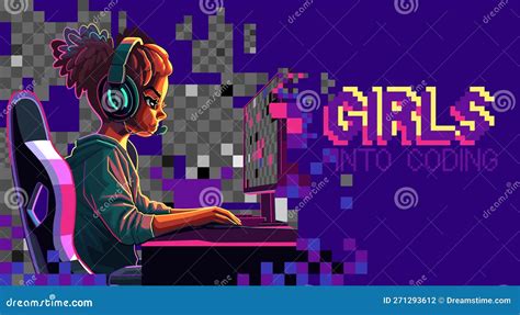 Girl Programmer Freelance Working Concept Cartoon Illustration