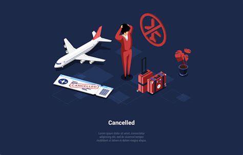 벡터 일러스트레이션 캐릭터와 만화 3d 스타일 비행기 비행에 등소 구성 문제 개념을 취소 검역 제한 비행기 근처에 서있는 충격을 받은 남자 수하물 및 요소 등측투영법에 대한