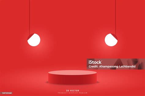 빨간색 3d 실린더 연단 또는 원형 무대가 있는 최소한의 장면으로 사실적인 제품과 구체 전구가 매달려 있습니다 텅 빈 붉은 색 장면 3d 벡터 렌더링 디자인 깨끗한 3d