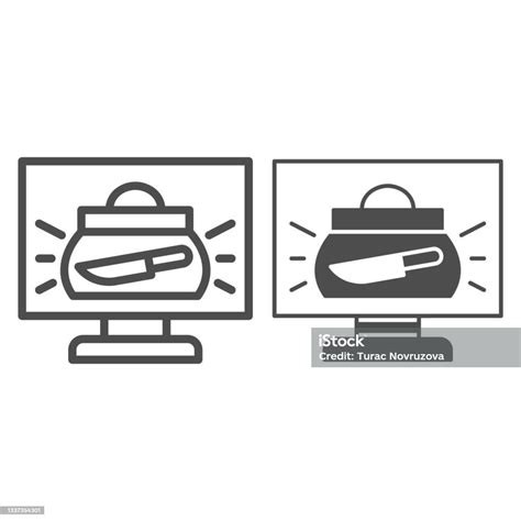 모니터에 가방 금지 항목 칼 라인과 단단한 아이콘 보안 검사 개념 흰색 배경에 가방 스캐너 벡터 기호 모바일 개념 및 웹 디자인을위한 윤곽 스타일 아이콘 벡터 그래픽 10에