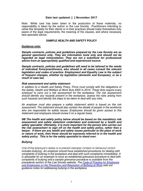 Safety Policy Sample Pdf Occupational Safety And Health Safety