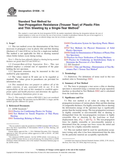 Astm D1938 14 Standard Test Method For Tear Propagation Pdf
