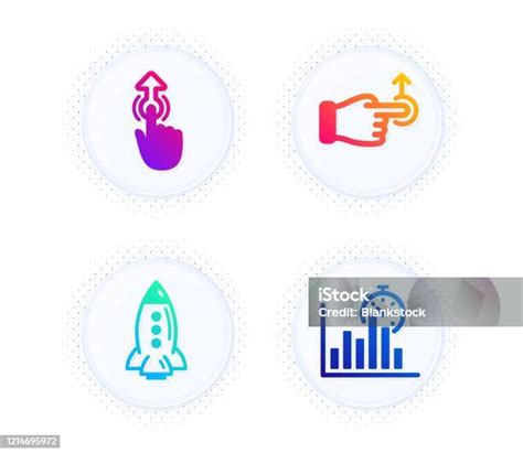 로켓 위로 스 와이프 및 드래그 드롭 아이콘 세트 타이머 기호를 보고합니다 우주선 터치 기술 이동 성장 차트 벡터 다이어그램에