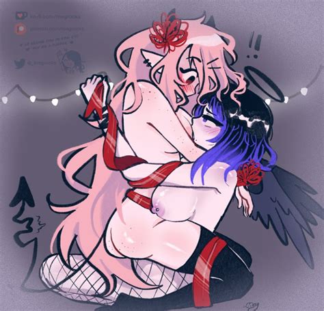 Rule 34 2girls Blush Demon Horns Demon Tail Dyed Hair Female Female