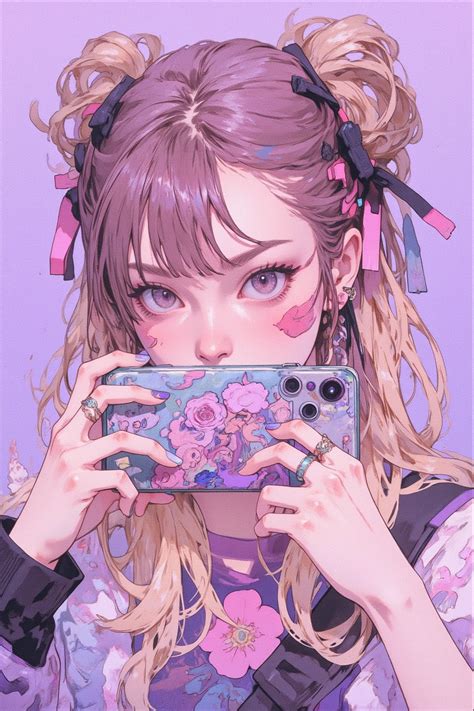 Anime Girl Hiding Her Mouth With A Decorated Cell Phonedecora Style